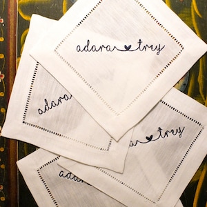 Personalized Embroidered Cocktail Napkins With Cursive Names and Heart ...