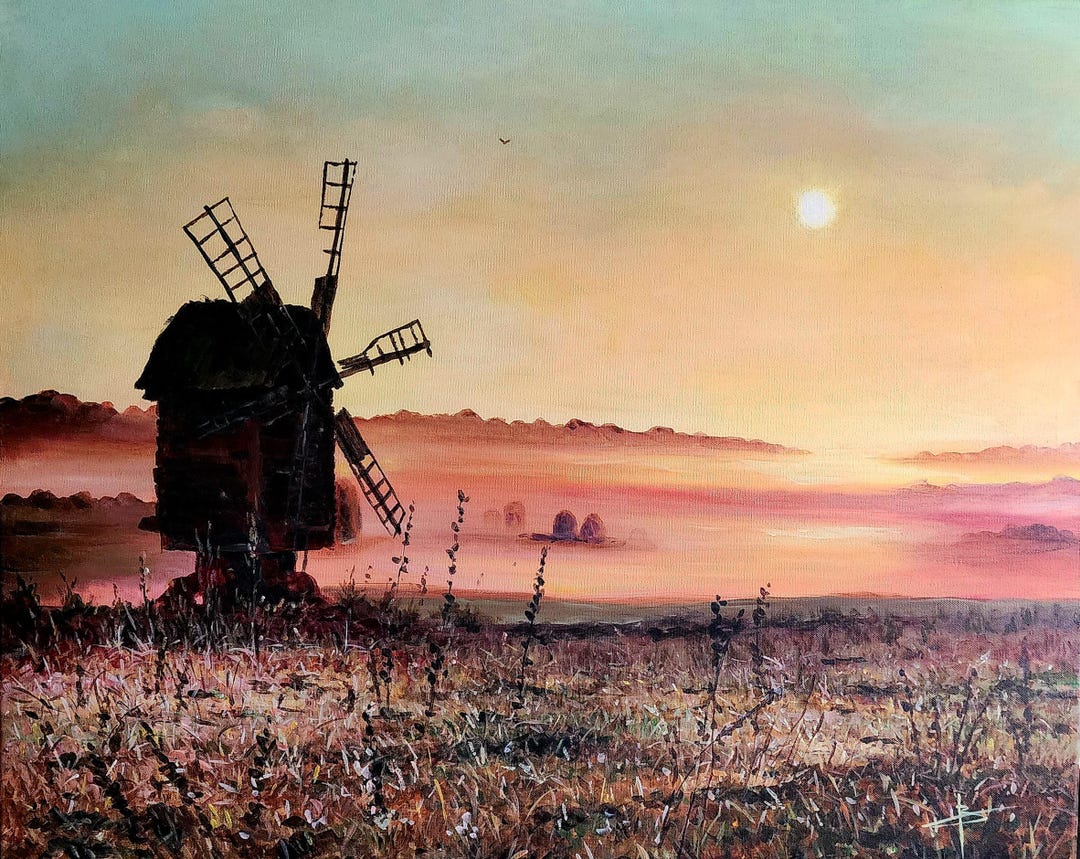 Original Mill Acrylic Painting: Rustic Sunrise Landscape Art (30x24 ...