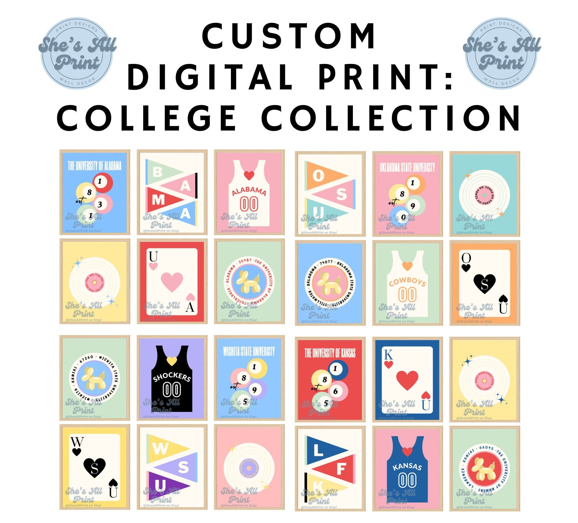 Custom College Digital Print, College Collection Set of 6, College ...