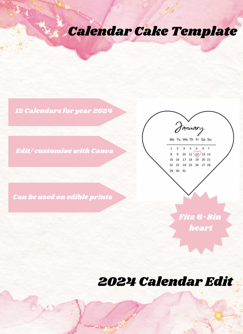 Calendar Template 2024 Heart Cake Template Edible Image Canva Design - Etsy