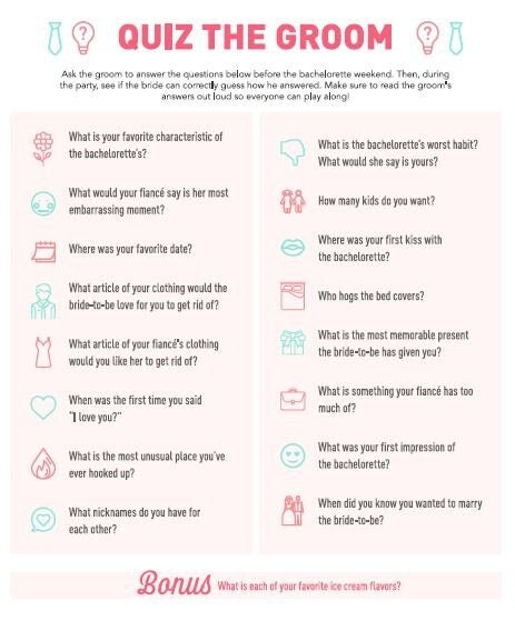 Quiz the Groom Bachelorette Party Game, What Did the Groom Say Game ...