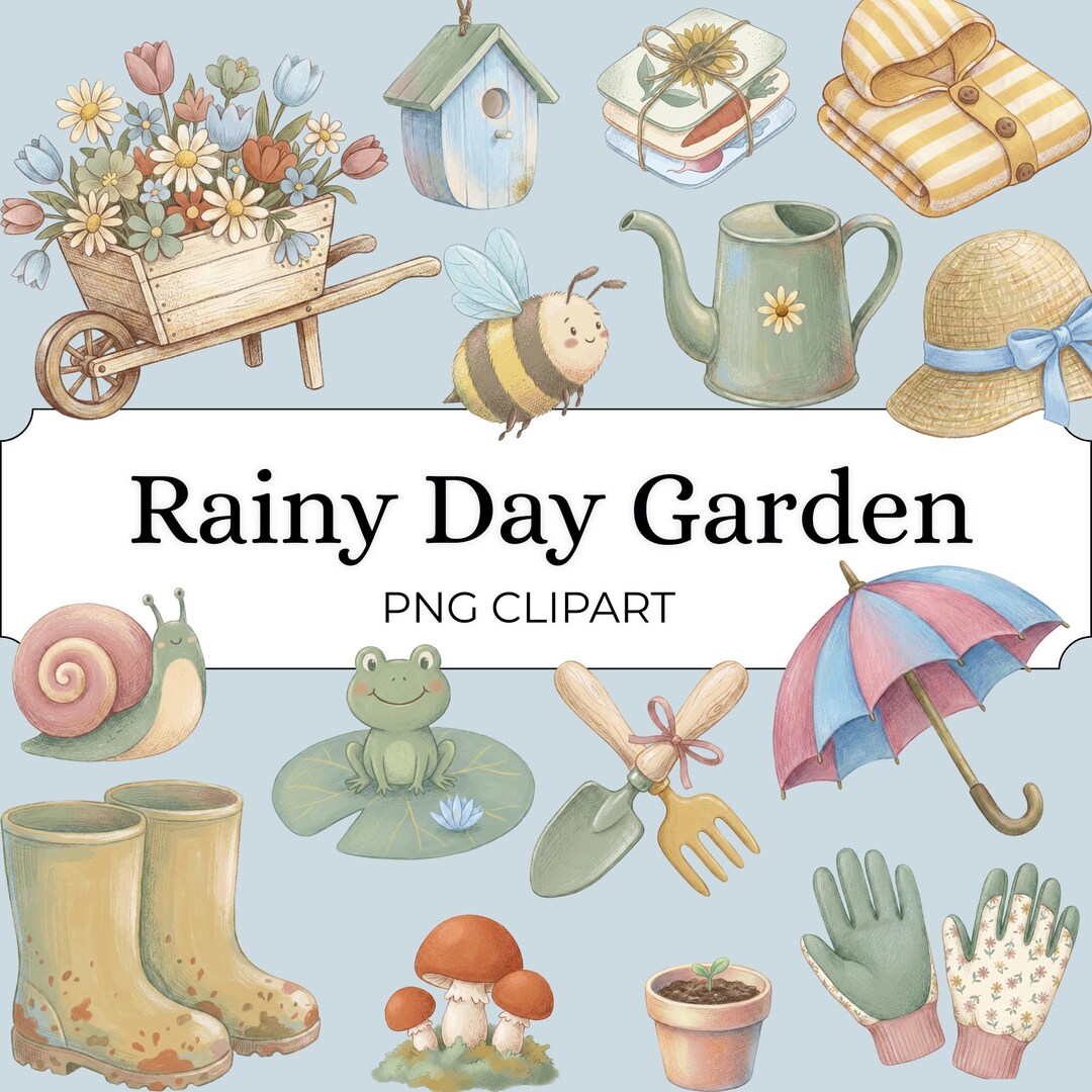 Watercolor Rainy Day Garden Clipart Set, Spring Animals and Rain Boots ...