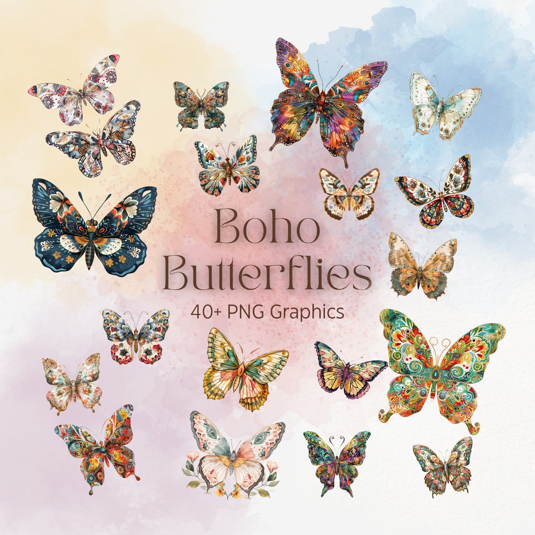 Boho Butterflies 40+ PNG Clip Art Graphics - Etsy