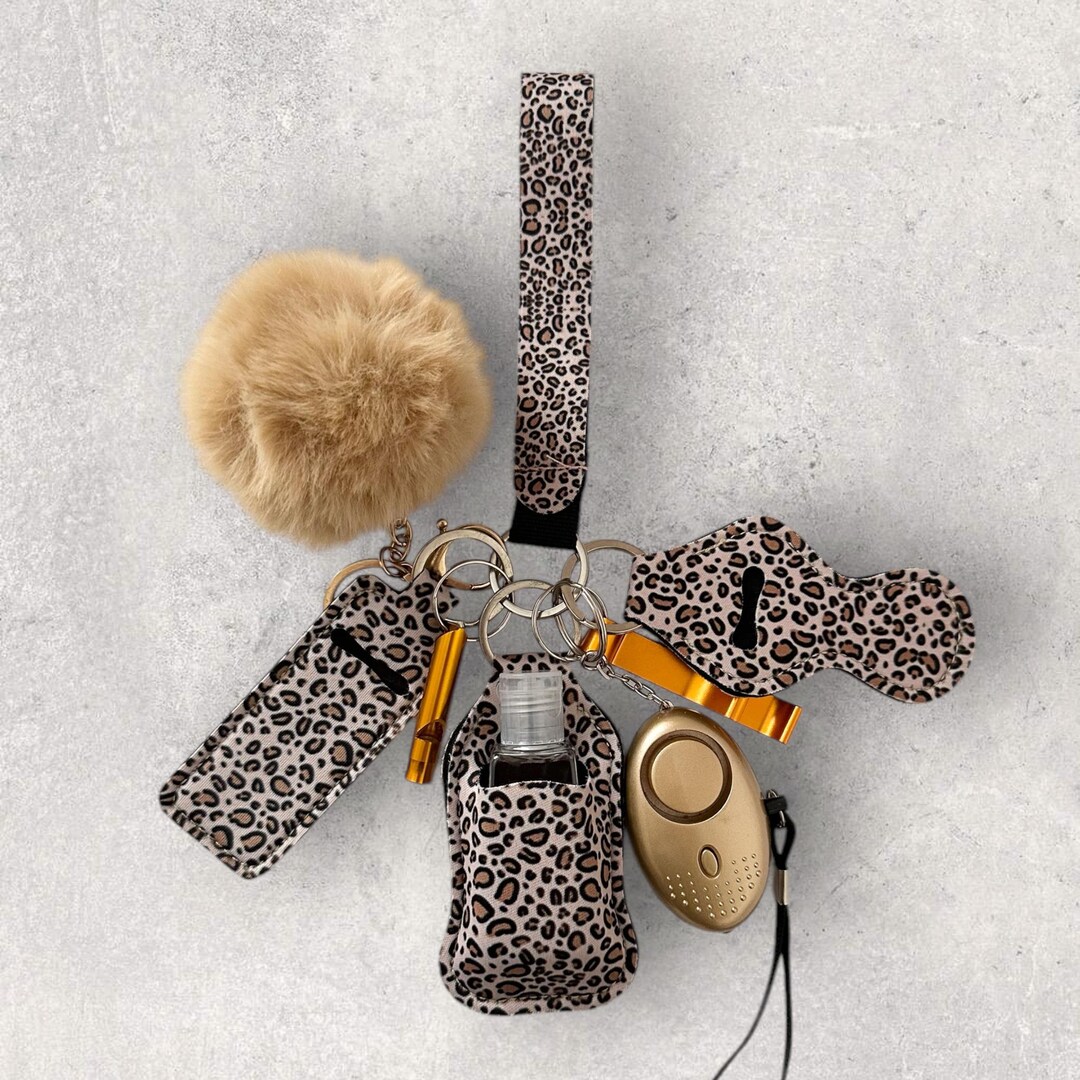 Leopard Print Safety Keychain Set | Wristlet, Alarm, Pom Pom - Etsy