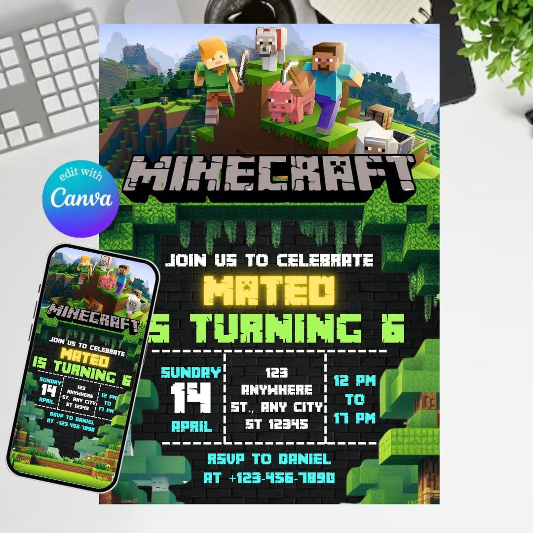 Invitación de cumpleaños editable de Minecraft, invitación de ...