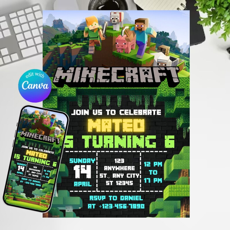 Editable Minecraft Birthday Invitation, Minecraft Birthday Invitation ...