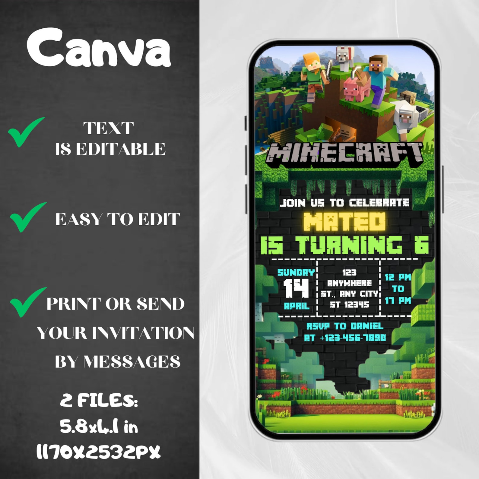 Editable Minecraft Birthday Invitation, Minecraft Birthday Invitation ...
