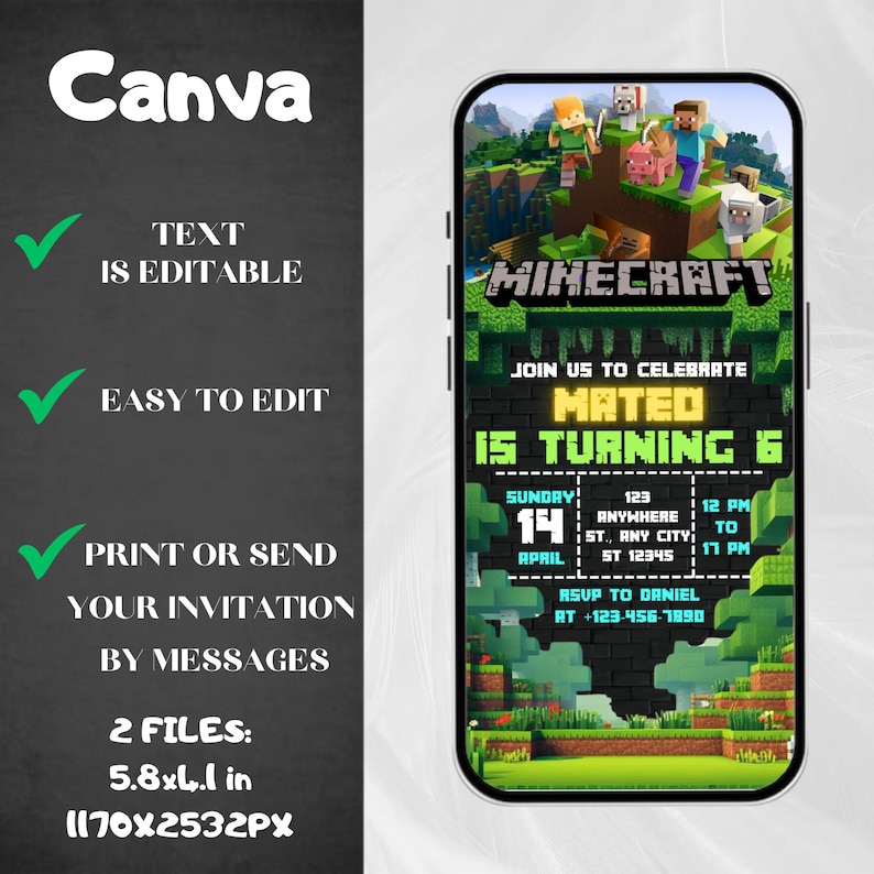 Editable Minecraft Birthday Invitation, Minecraft Birthday Invitation ...