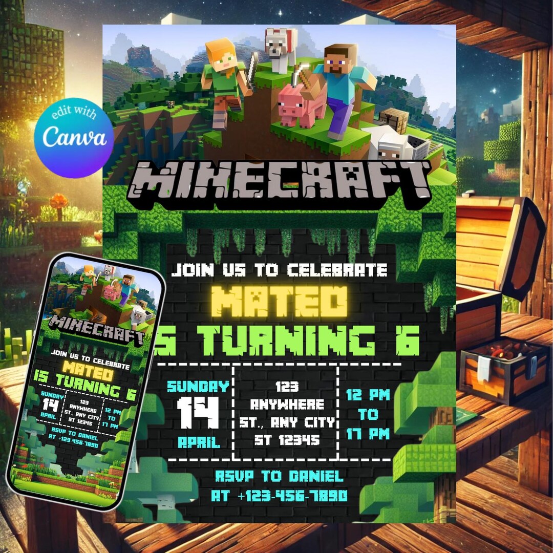 Buy Editable Minecraft Birthday Invitation, Minecraft Birthday ...
