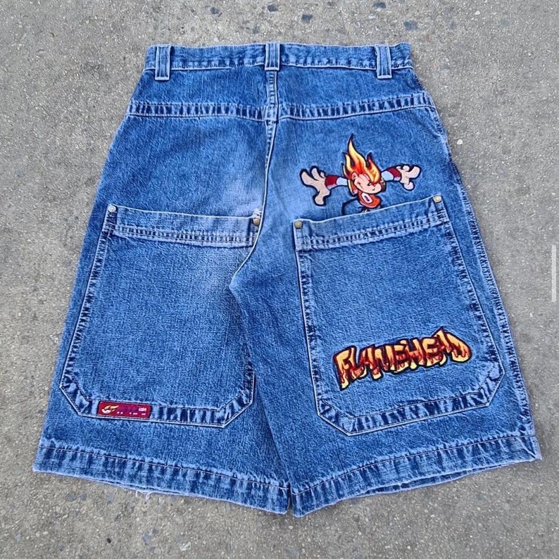 Vintage JNCO Replica Baggy Jorts Flamehead Embroidery Blue - Etsy UK
