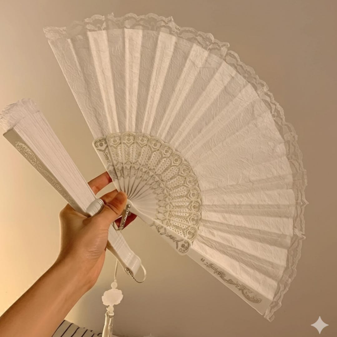 Gothic Lolita Lace Hand Fan With Lotus Tassel, Double Layer Folding Fan ...