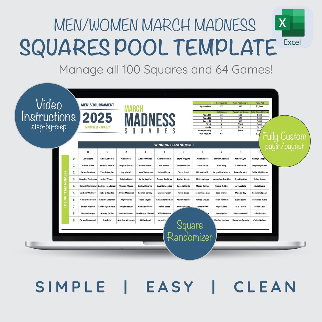 March Madness Squares Pool Excel Template - Manage Squares, Payouts ...