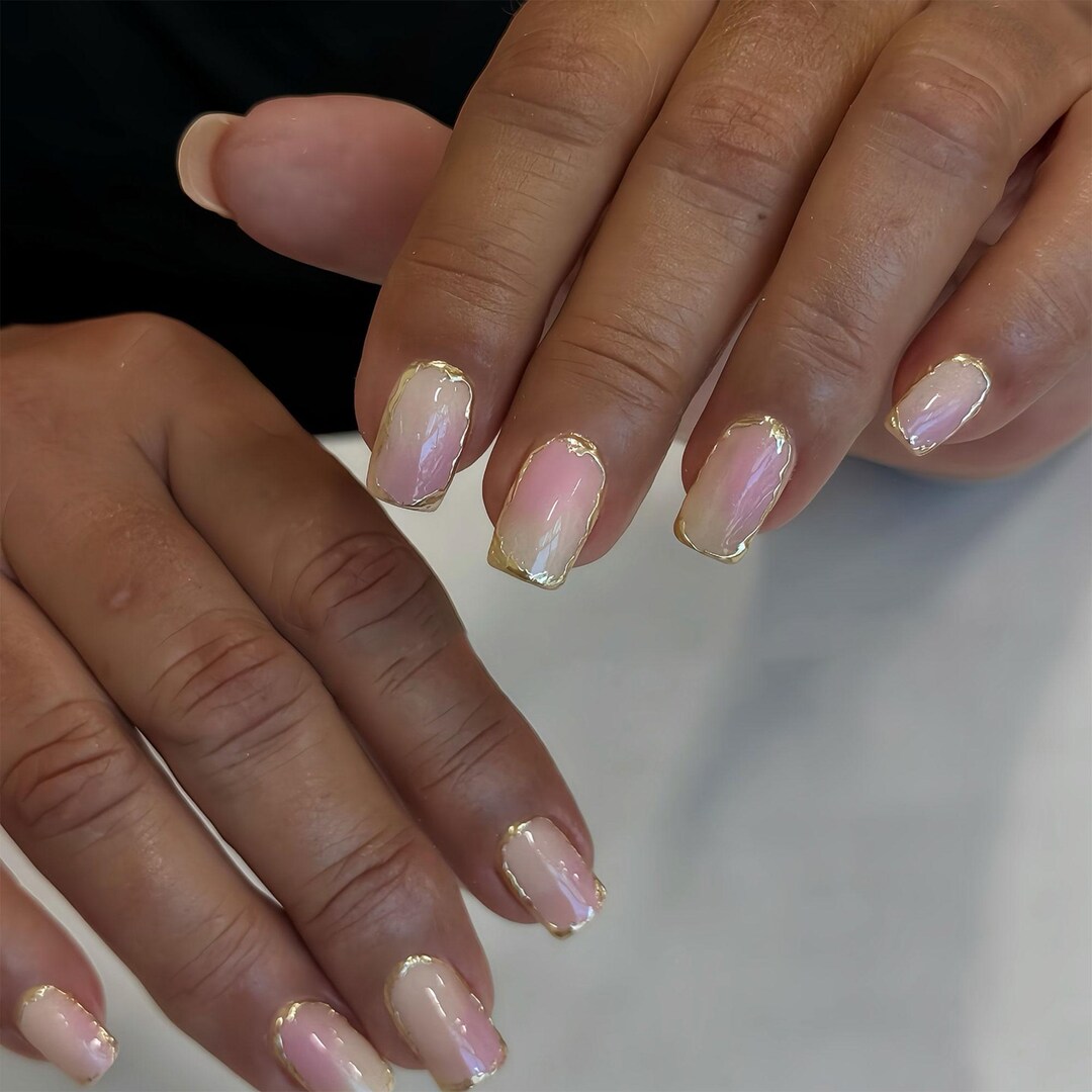 Handmade Iridescent Gold Frame Press on Nails | Glossy Nude Pink Square ...