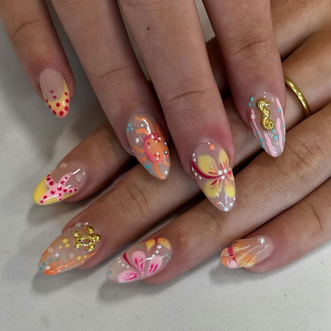 Tropical Beach Press on Nails | 3D Crab, Starfish & Seahorse Nail Art ...