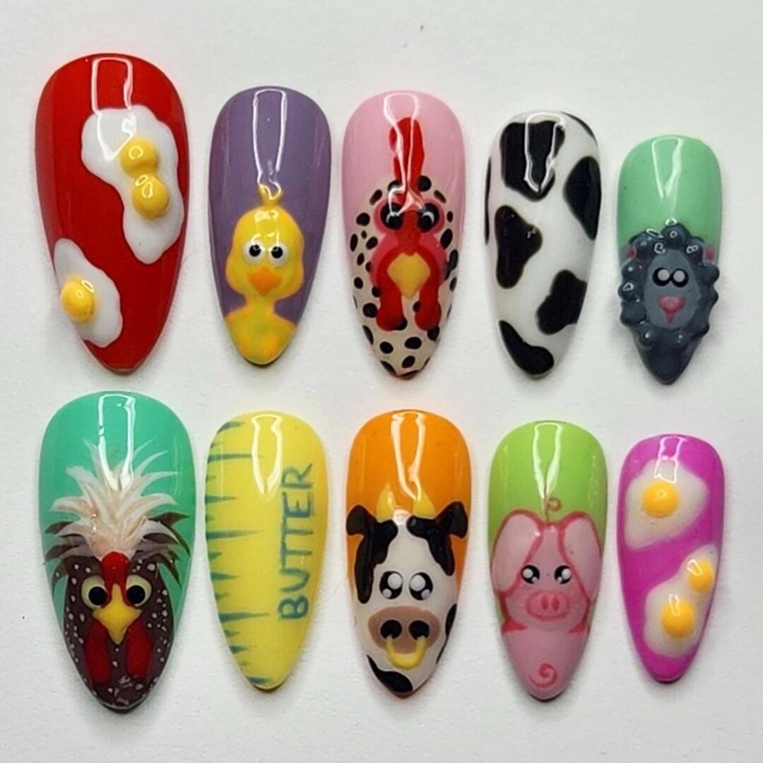Handmade Farm Animal Press on Nails | Cute Cow, Pig, Chick, Rooster ...