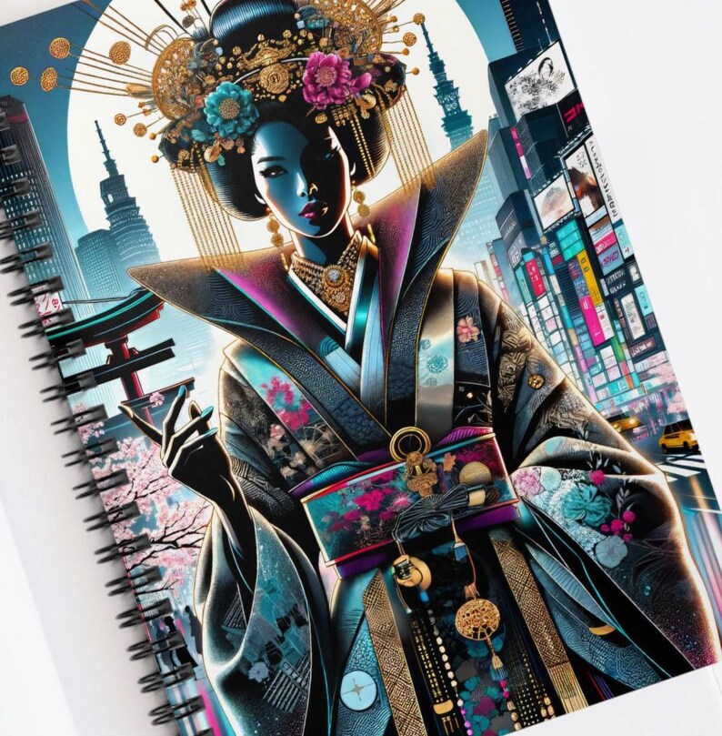 Anime Geisha Spiral Notebook - Japanese Art, Vibrant Cityscape, High ...