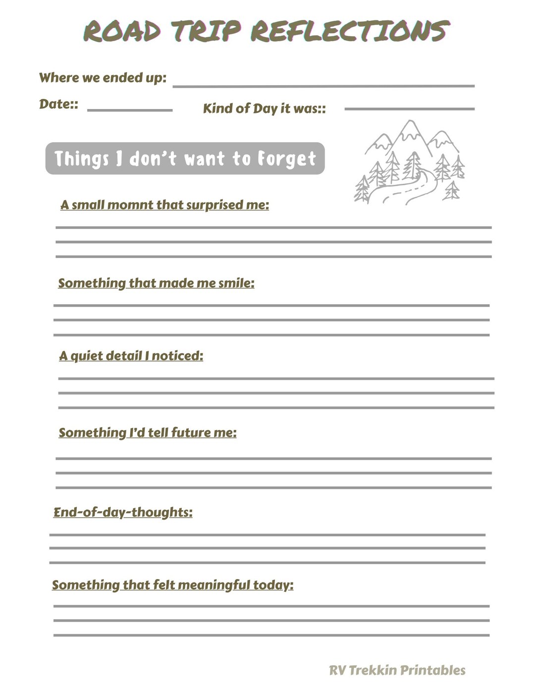 Road Trip Reflections Printable | Gentle Daily Travel Journal Page| RV ...