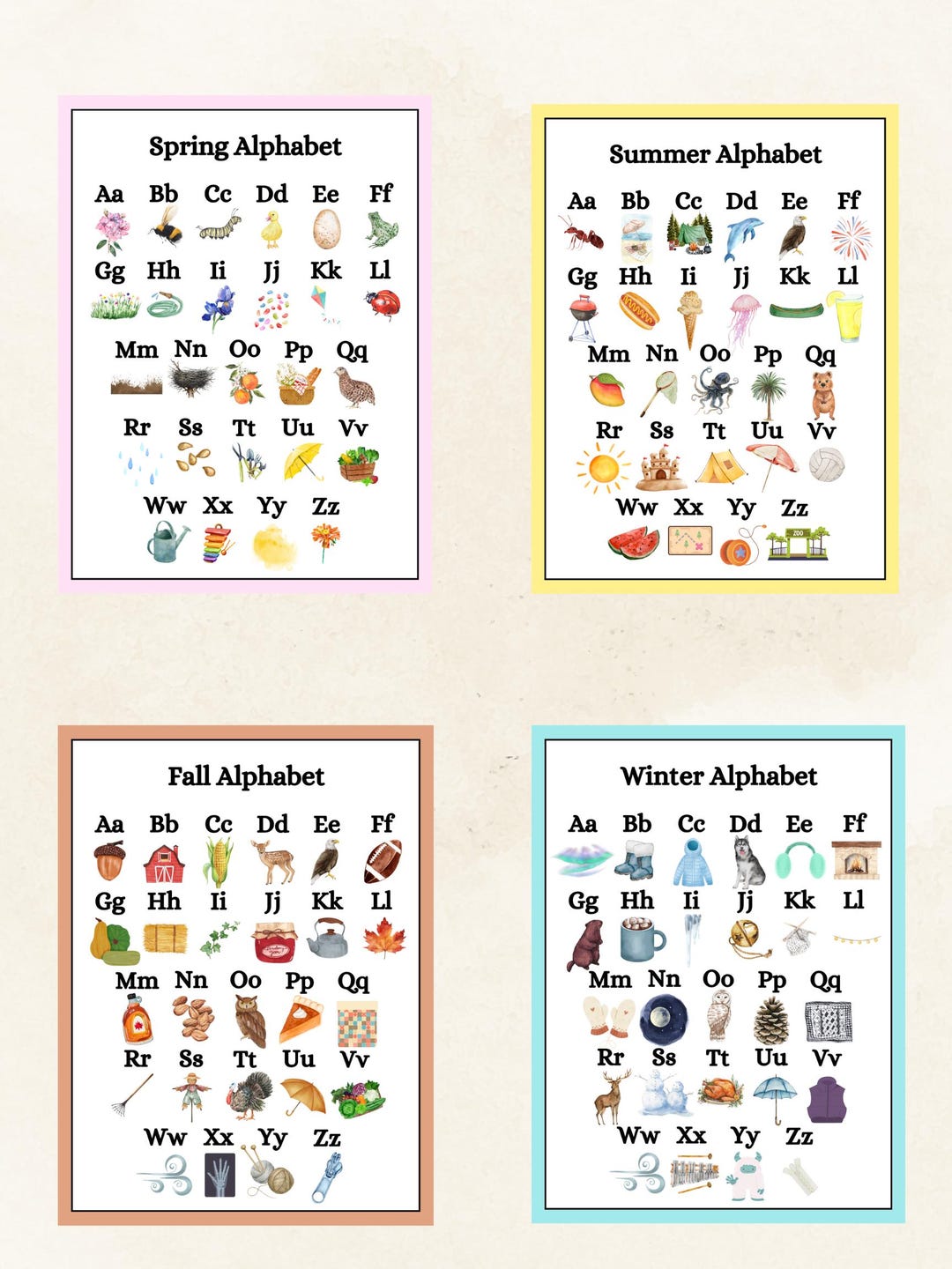 Alphabet Posters for Preschoolers - Seasonal Watercolor ABC Set - Learn ...