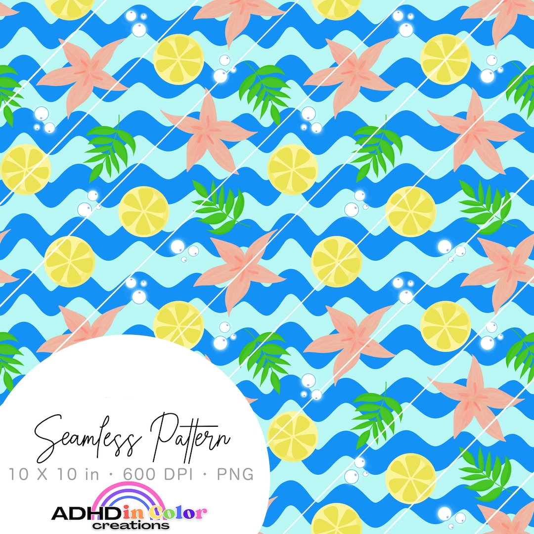Coastal Starfish and Lemon Seamless Pattern | Beach Vibes Ocean Themed ...