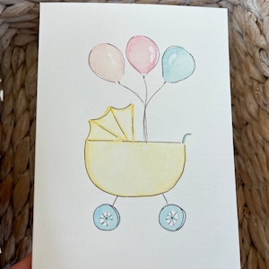 Hand Painted Watercolor New Baby Card: Bassinet & Balloons - Etsy