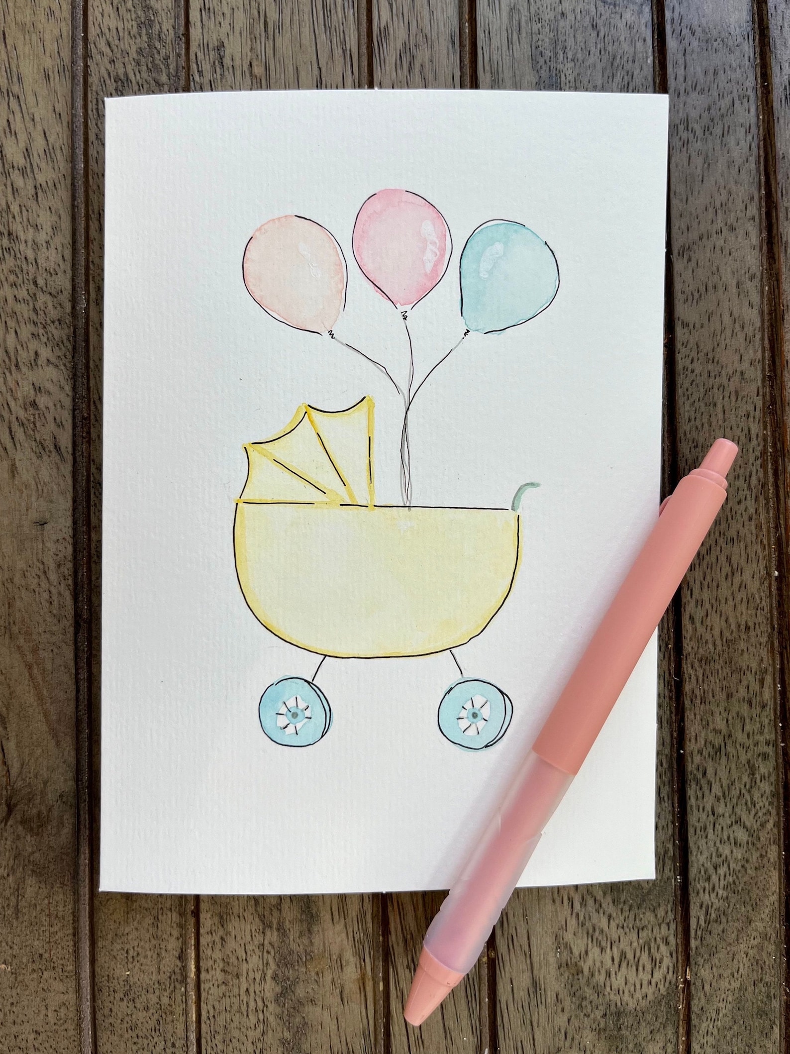 Hand Painted Watercolor New Baby Card: Bassinet & Balloons - Etsy