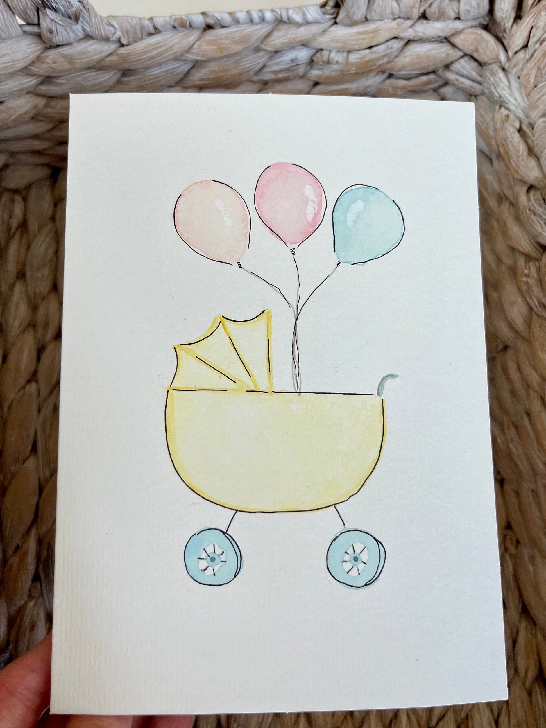 Hand Painted Watercolor New Baby Card: Bassinet & Balloons - Etsy