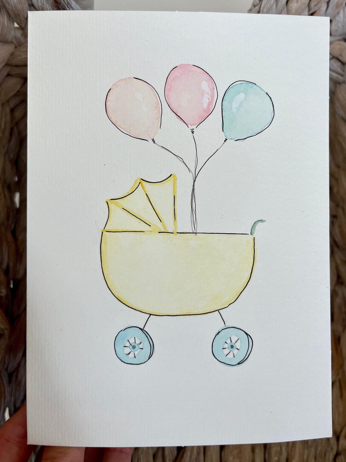 Hand Painted Watercolor New Baby Card: Bassinet & Balloons - Etsy