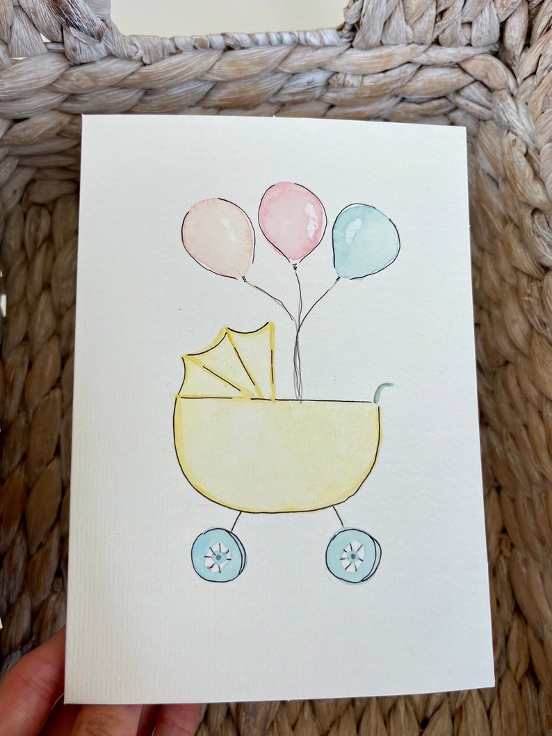 Hand Painted Watercolor New Baby Card: Bassinet & Balloons - Etsy