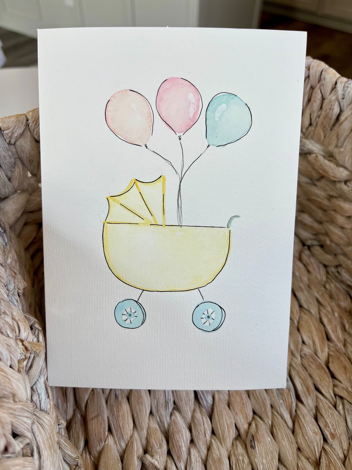 Hand Painted Watercolor New Baby Card: Bassinet & Balloons - Etsy