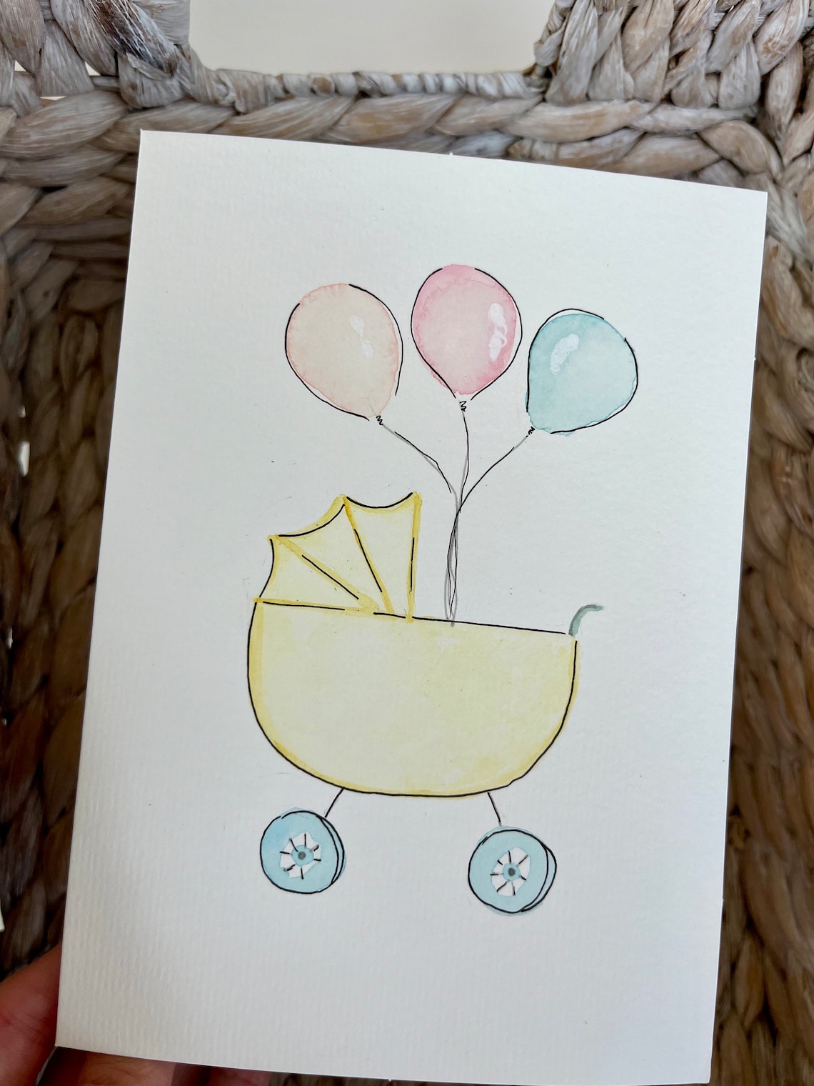 Hand Painted Watercolor New Baby Card: Bassinet & Balloons - Etsy