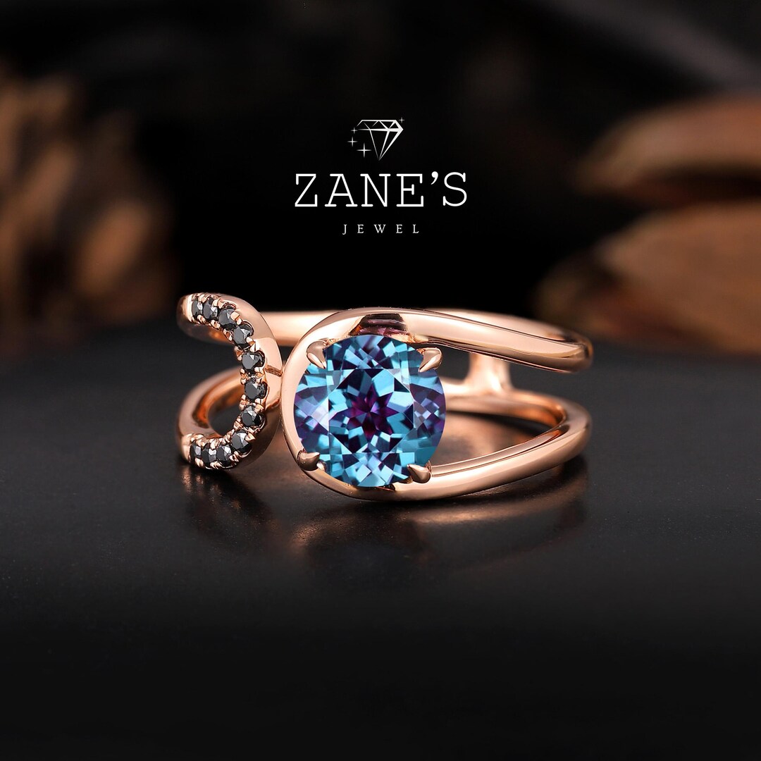 Round-cut Alexandrite Ring – Unique Open Band Ring, Rose Gold Crossover ...