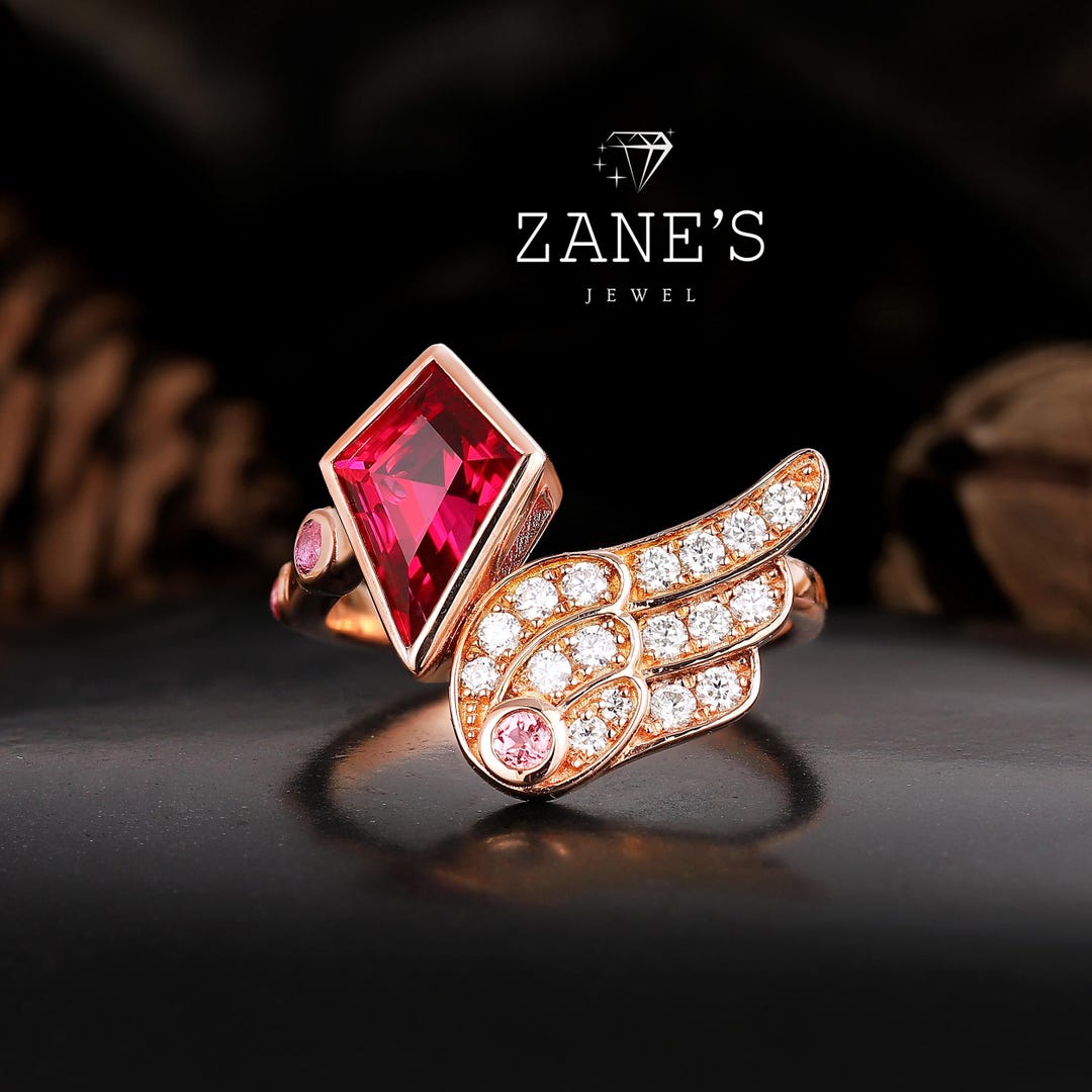 14K Solid Gold Angel Wing Ring, Art Deco Diamond Ring, Kite Cut Ruby ...