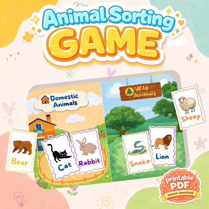 Printable Animal Sorting Card Game – Printable Wild Vs Domestic Animals ...