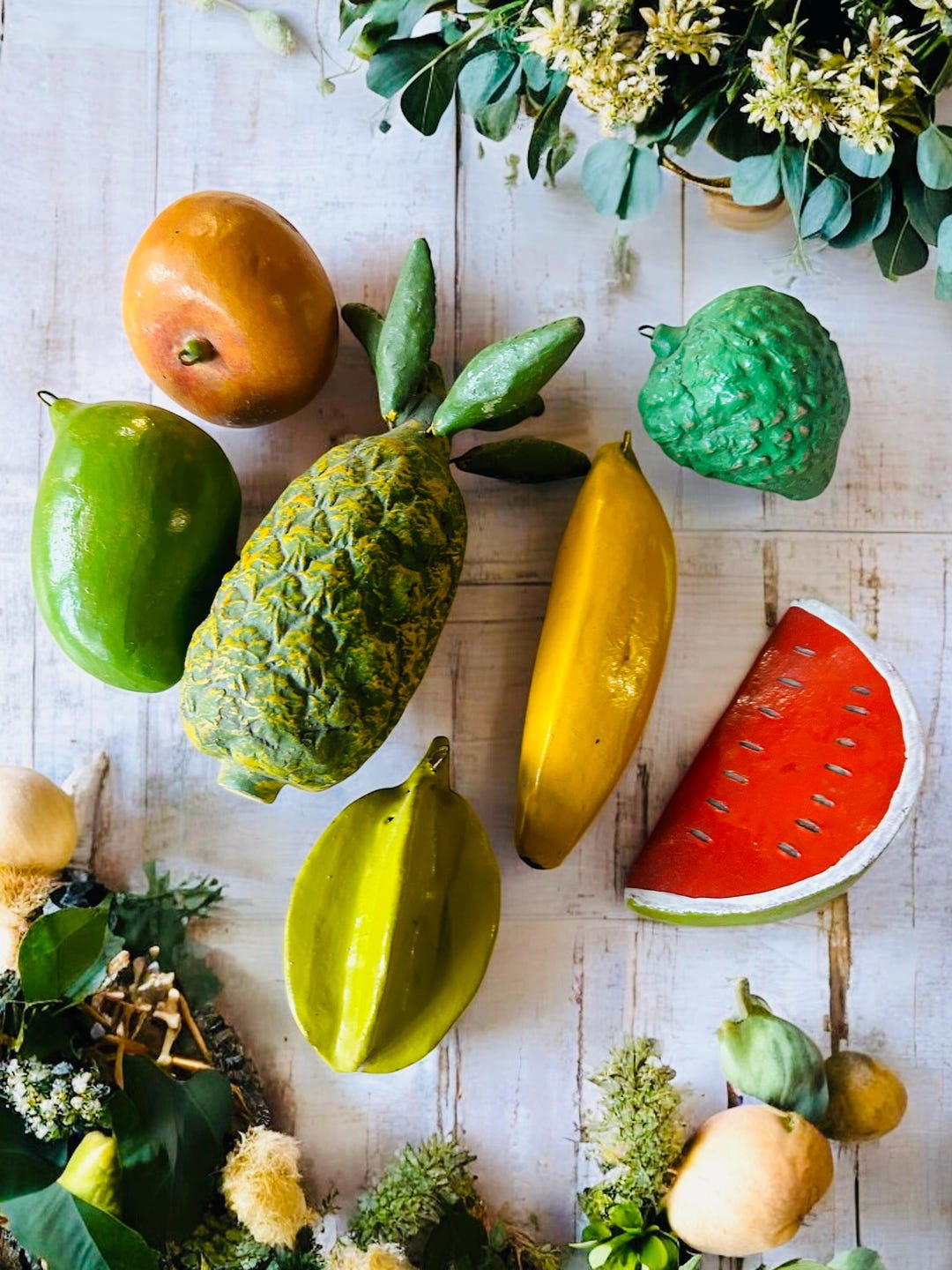 Antique Tropical Fruits Decor - Hand Painted Clay - Colorful Retro ...
