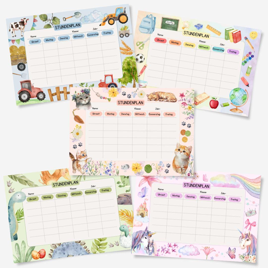 SET: 5 Printable Timetables Tractor, Dinosaur, Cat, Unicorn, School ...