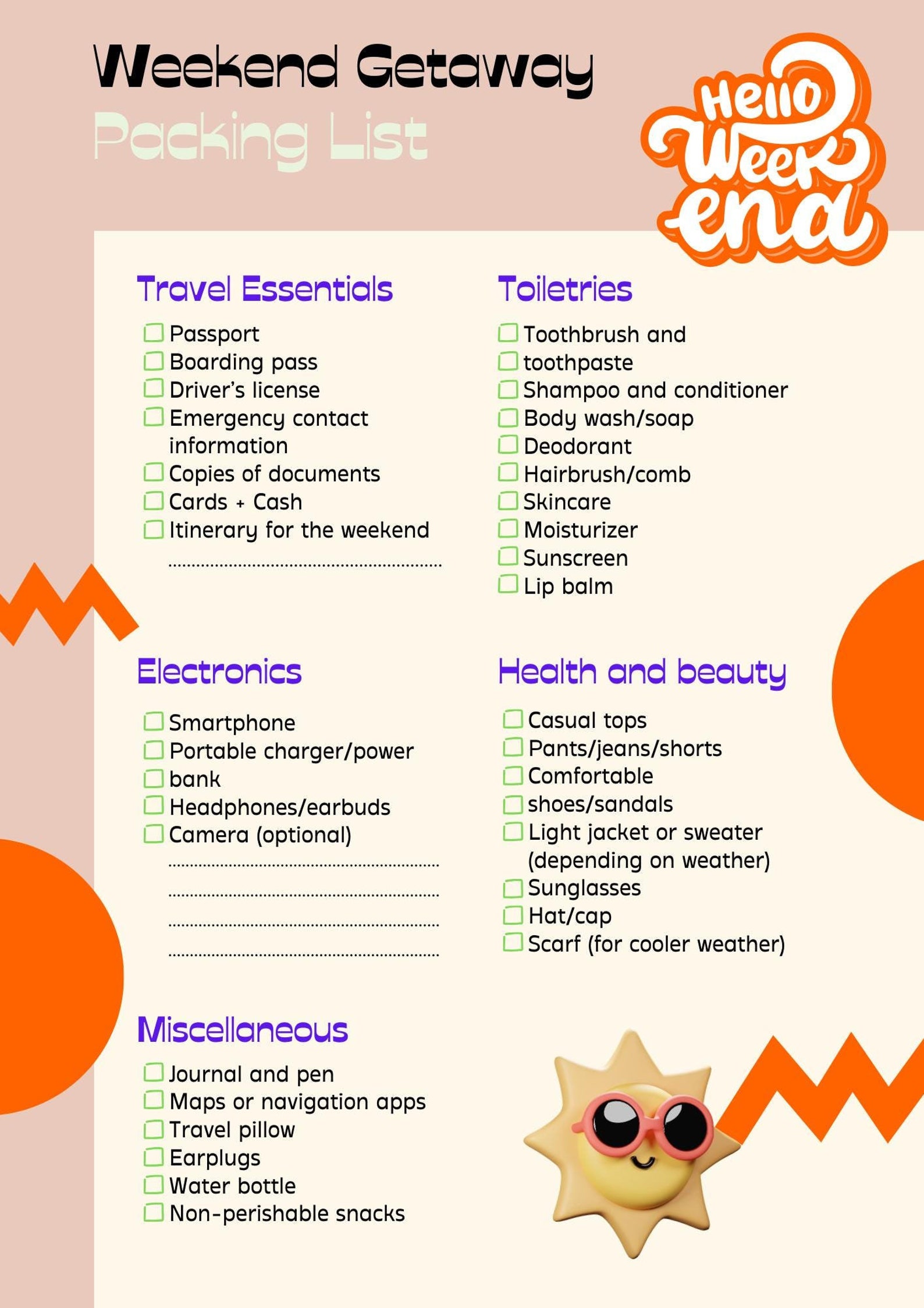 Weekend Getaway Packing List , Check List, What to Bring on a Weekend ...