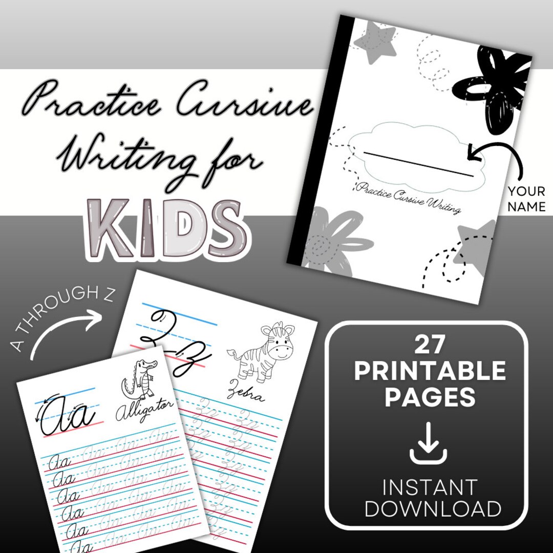 Printable Black & White Practice Cursive Writing for Kids - Etsy