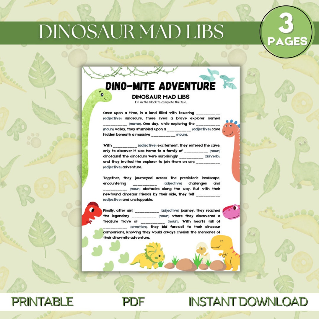 Printable Dinosaur Mad Libs Kids Worksheets - Etsy