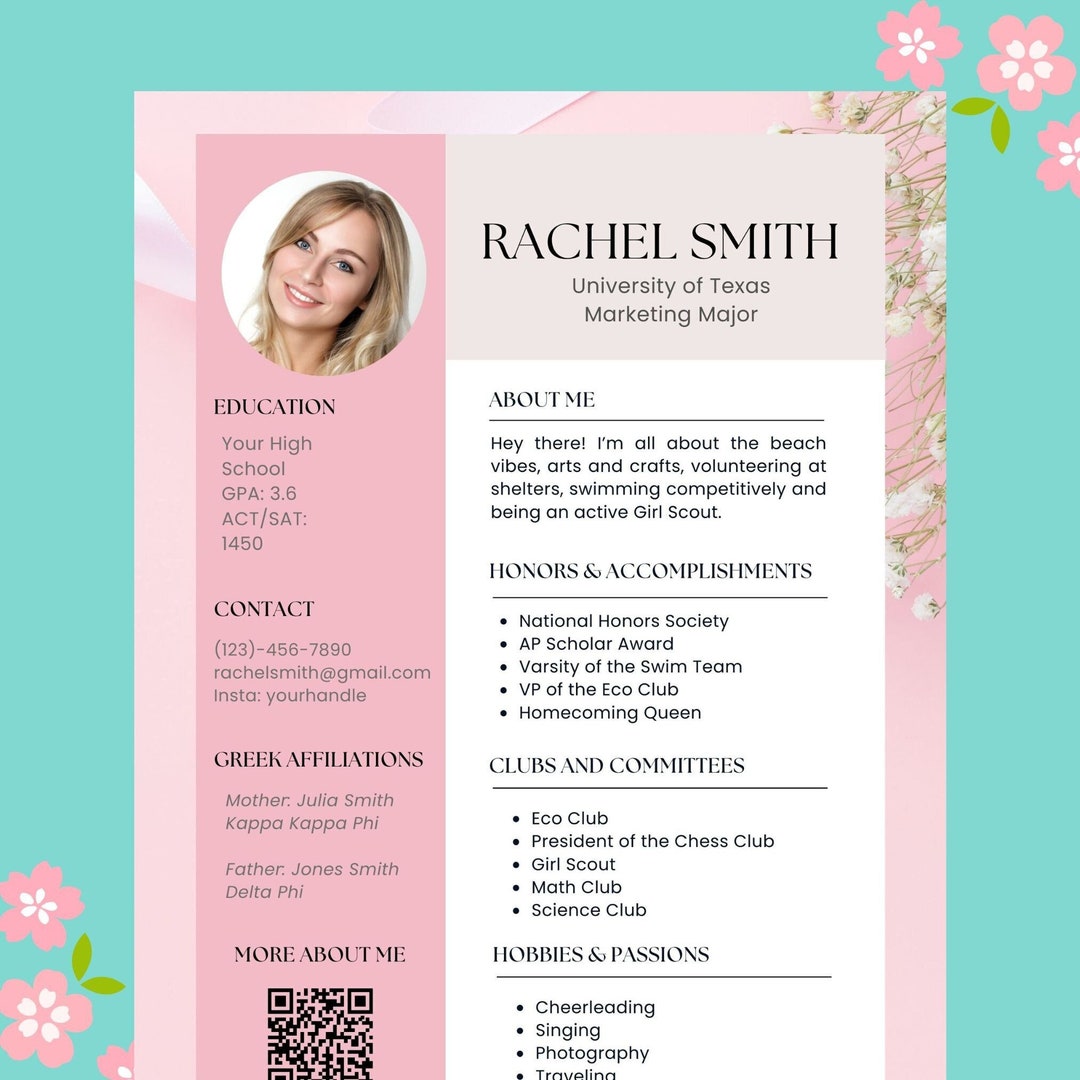 Sorority Rush Resume Template With Photo, Canva Template and Overflow ...