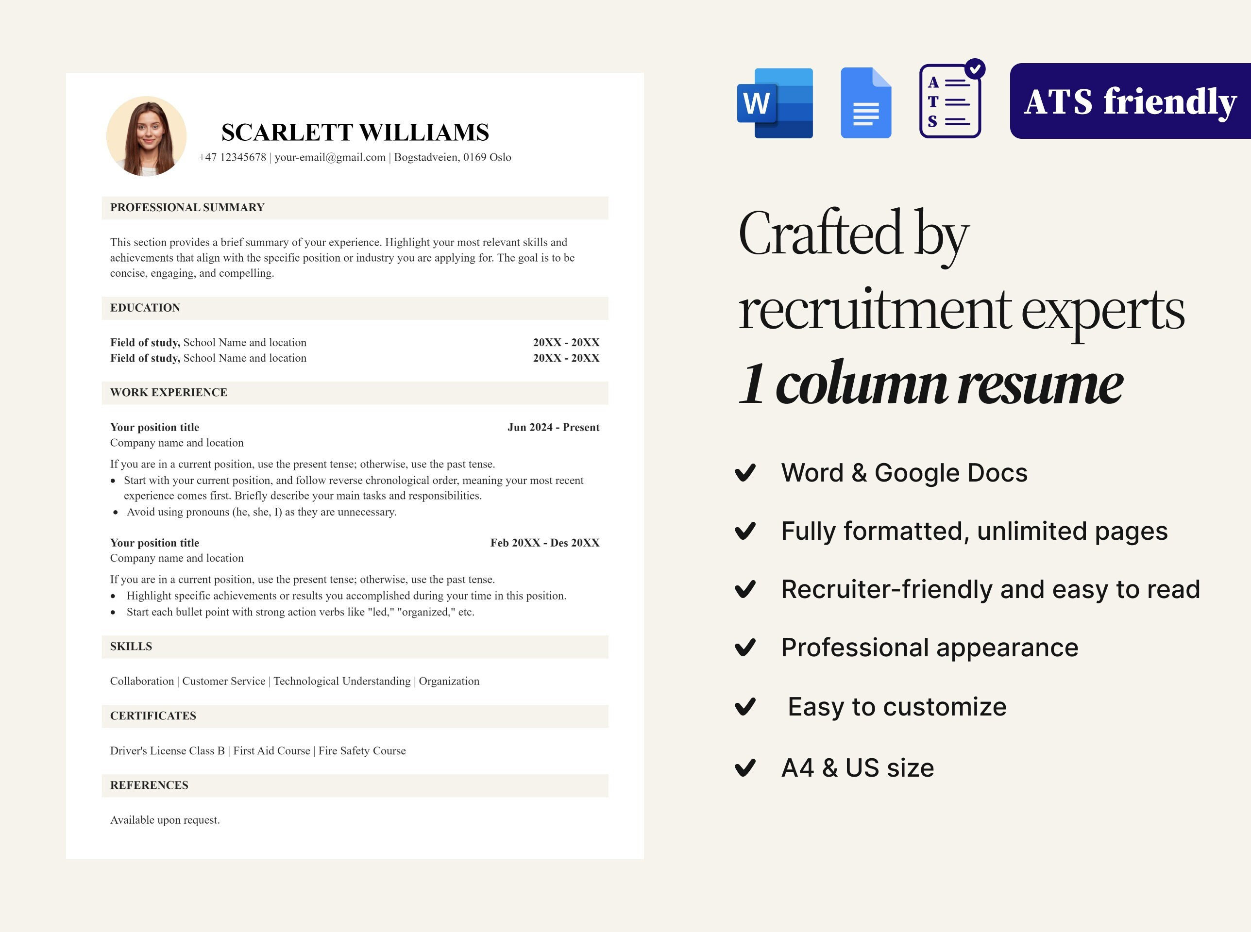 ATS Resume Template Easy-to-edit Design for College Students & Young ...