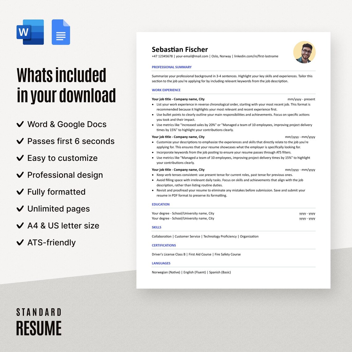 ATS Resume Template - ATS Friendly 1 Column Resume - Easy to Customize ...