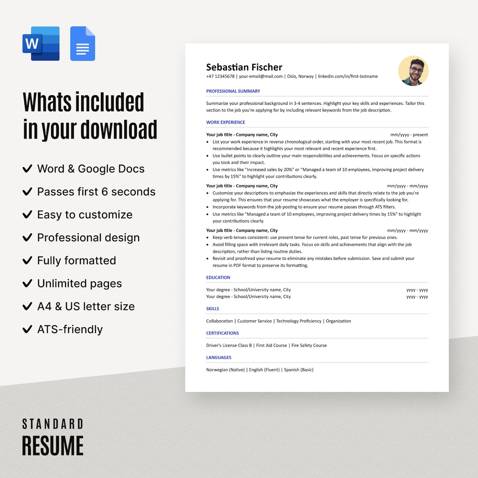 ATS Resume Template - ATS Friendly 1 Column Resume - Easy to Customize ...