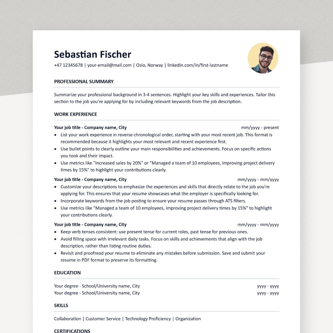 ATS Resume Template - ATS Friendly 1 Column Resume - Easy to Customize ...