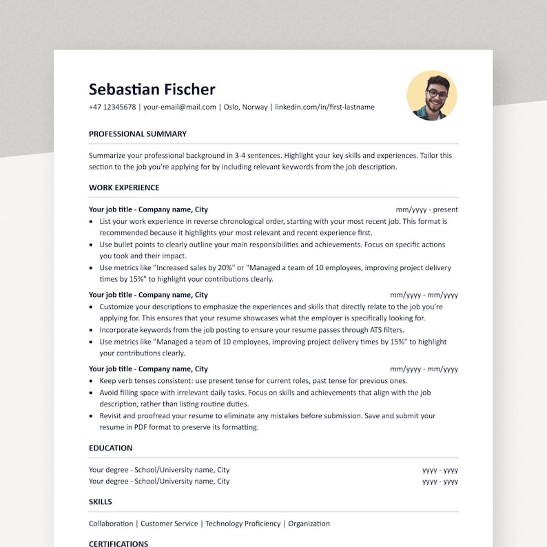 ATS Resume Template - ATS Friendly 1 Column Resume - Easy to Customize ...