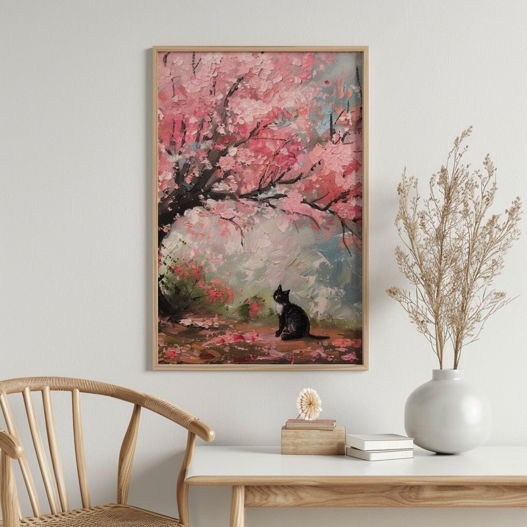 Printable of Sakura Tree With an Alone Black Cat, Oil Painting, Vintage ...