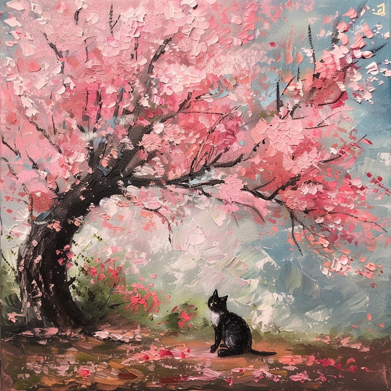 Printable of Sakura Tree With an Alone Black Cat, Oil Painting, Vintage ...