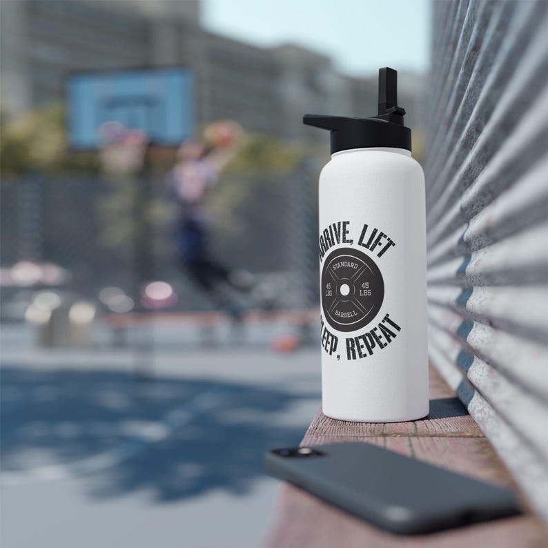 Gym Water Bottle Stainless Steel Crush It Barbell Logo "arrive, Lift ...