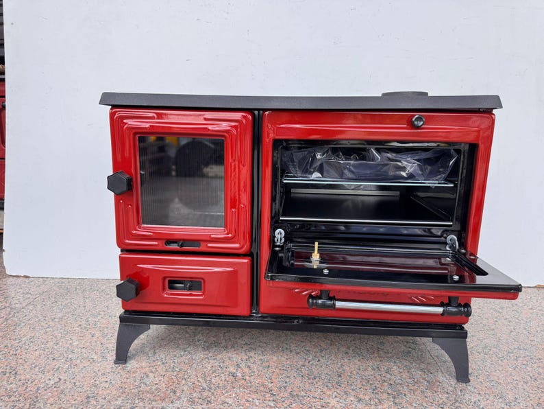 Red Enamel Wood Burning Stove With Oven – Cast Iron Heater Cooker ...