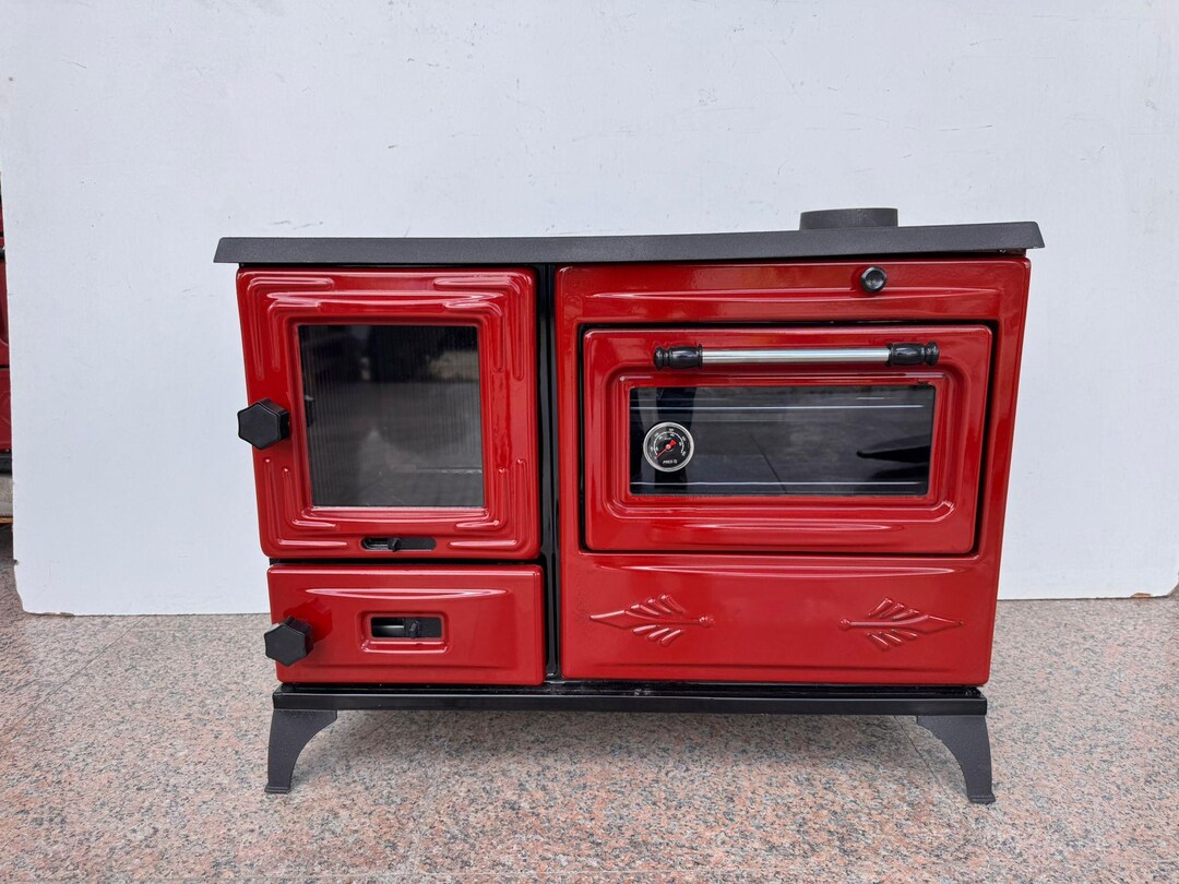 Red Enamel Wood Burning Stove With Oven – Cast Iron Heater Cooker ...