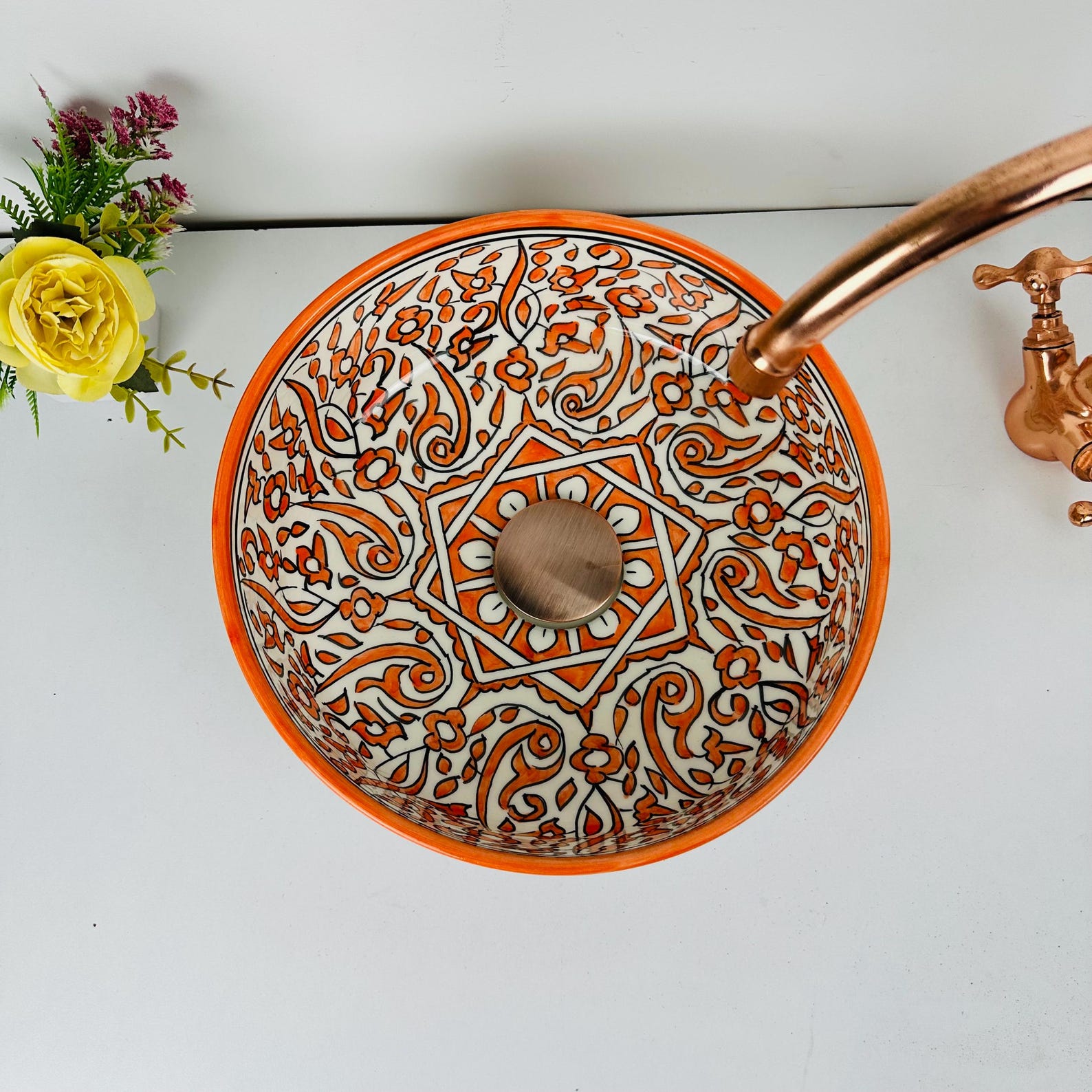 Custom Made Orange Floral Sink, Midcentury Ceramic Washbasin Sink ...